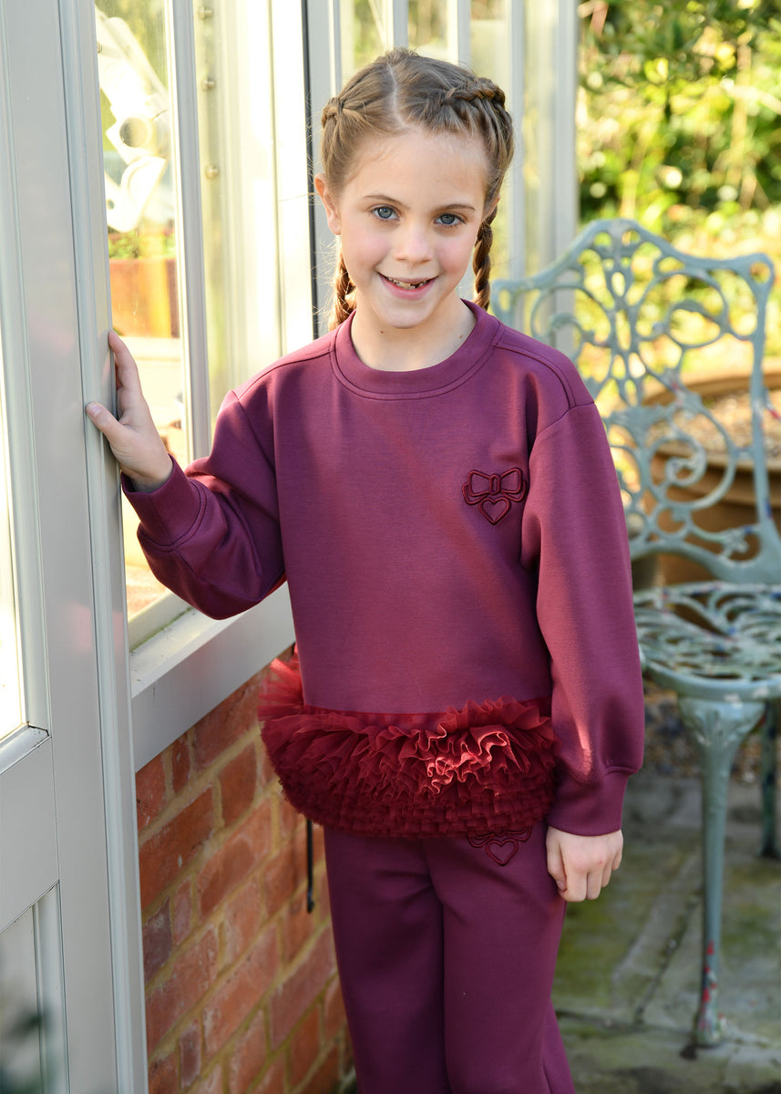 Deonne Tulle Trim Top and Jogger Set Burgundy – Angel's Face
