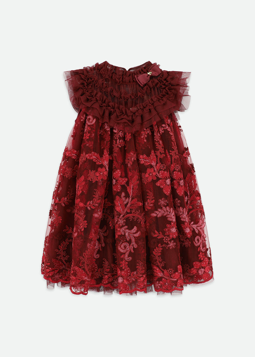 Dominique Flower Embroidery Dress Burgundy – Angel's Face