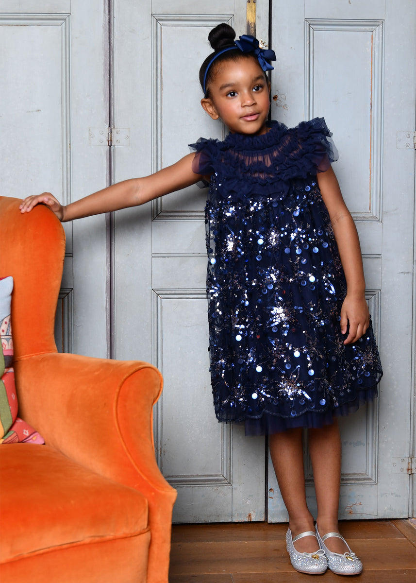 Dominique Flower Sequin Dress Navy – Angel's Face