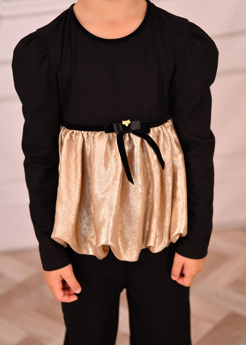 Saskia Metallic Ballon Top Black/Gold – Angel's Face