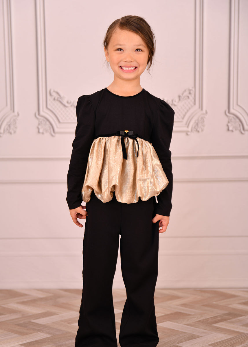 Saskia Metallic Ballon Top Black/Gold – Angel's Face